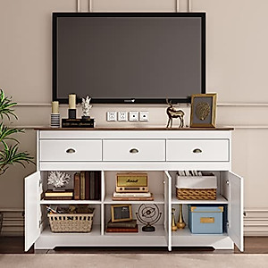 Anjiaqianmo White Buffet Cabinet Storage Kitchen Cabinet Sideboard Farmhouse Buffet Server Bar Wine Cabinet with 3 Drawers & 3 Doors Adjustable Shelves Console Table for Dining Living Room Cupboard