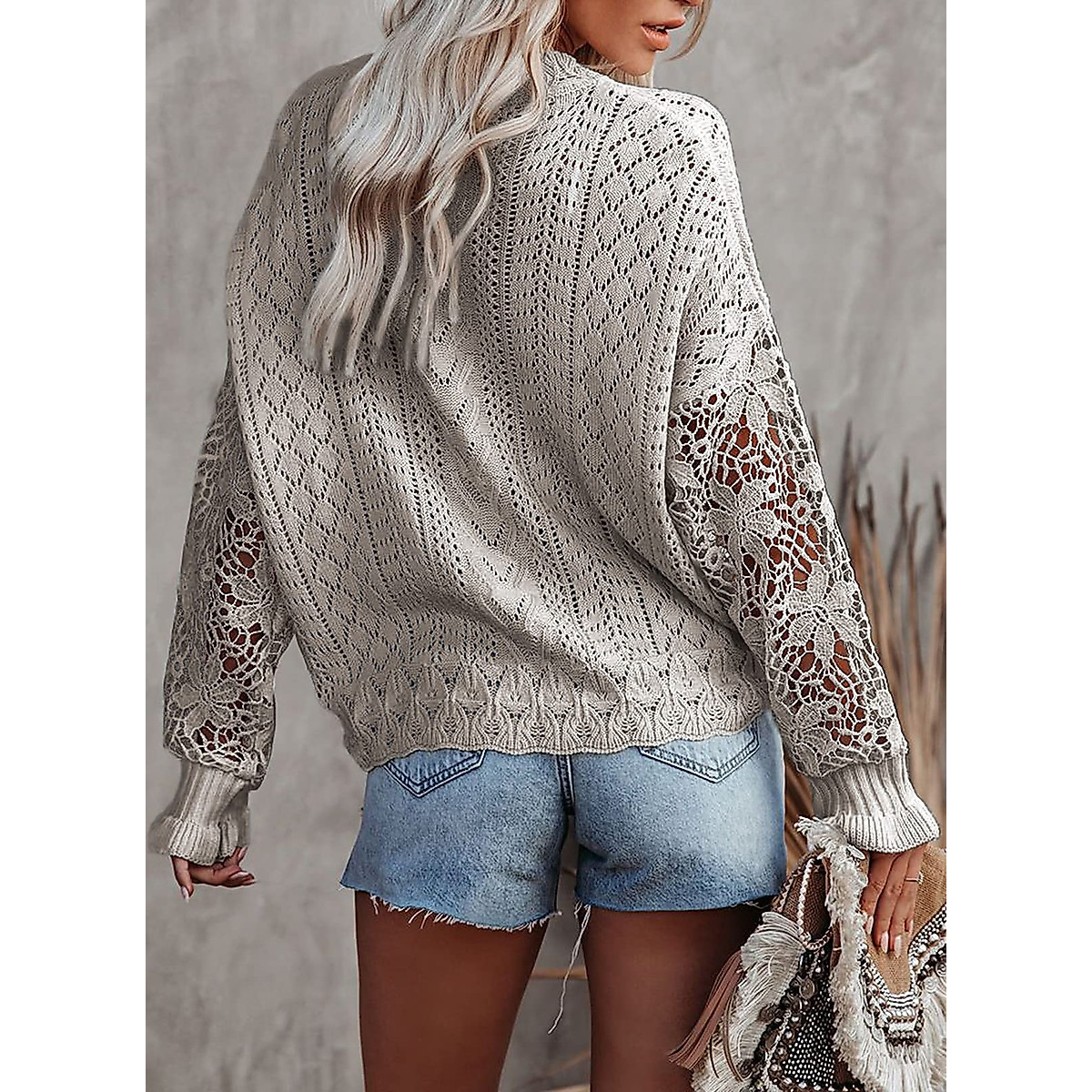 Dokotoo Sweater Women Ladies Cute Soft Thick Round Neck Solid Hollow Out Lace Crochet Autumn Cozy Long Sleeve Cable Knit Pullovers Sweaters for Women Large Gray