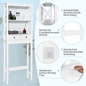 Tangkula Over The Toilet Storage Cabinet, 65” Over Toilet Bathroom Organizer with Adjustable Bottom Bar, 2 Open Shelves, 2 Drawers, Anti-tip Devices, Freestanding Above Toilet Storage Cabinet (White)