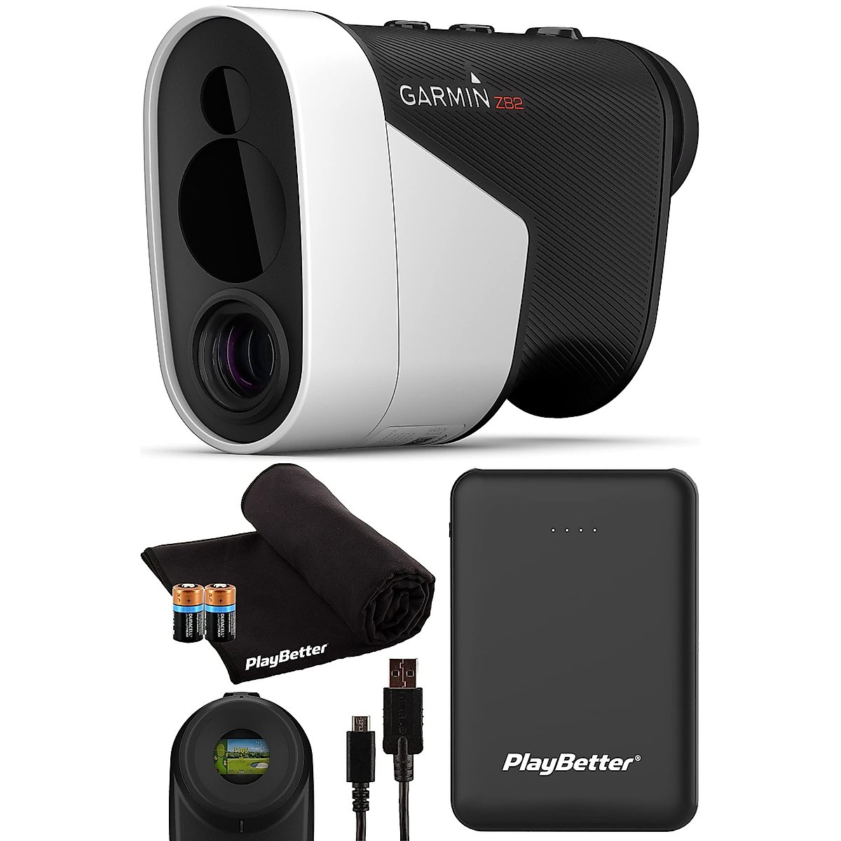 Garmin Approach Z82 Golf Range Finder with Slope - Golf Laser Rangefinder with Image Stabilization, GreenView, & 41K Courses - Bundle with PlayBetter Portable Charger & Microfiber Towel