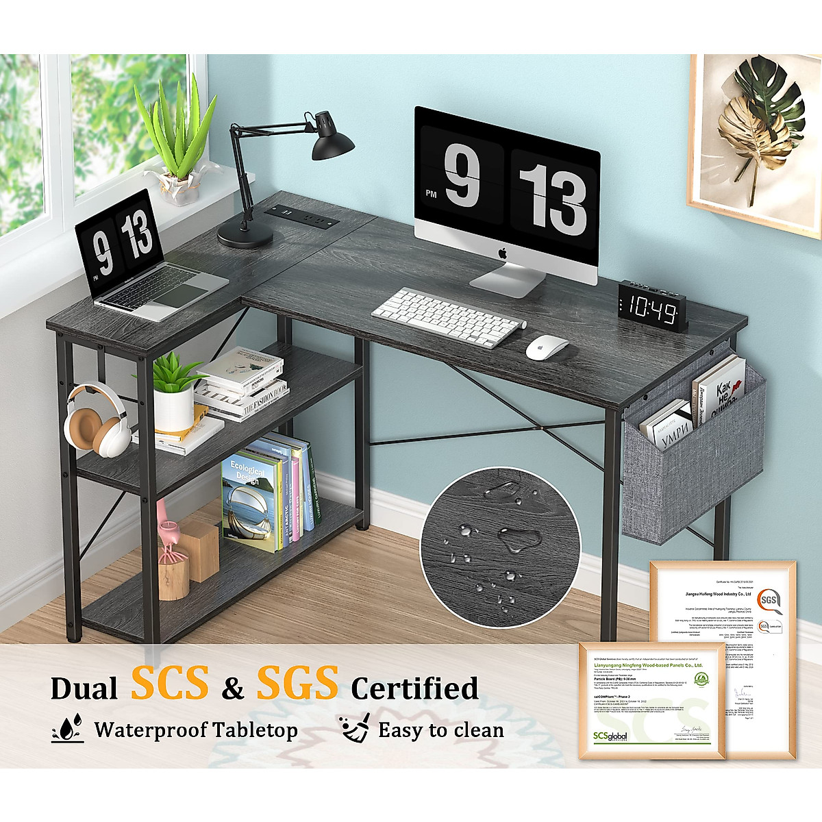 Mr IRONSTONE L Shaped Desk with Outlets & USB Ports, Reversible 47 Inch Office Desk, Corner Desk for Small Space, Home Office Desk with Storage Bag & Hook, Black Oak