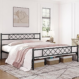 Yaheetch California King Metal Platform Bed Frame Mattress Foundation with Headboard and Footboard, No Box Spring Needed, Under-Bed Storage, Metal Slat Support, Black