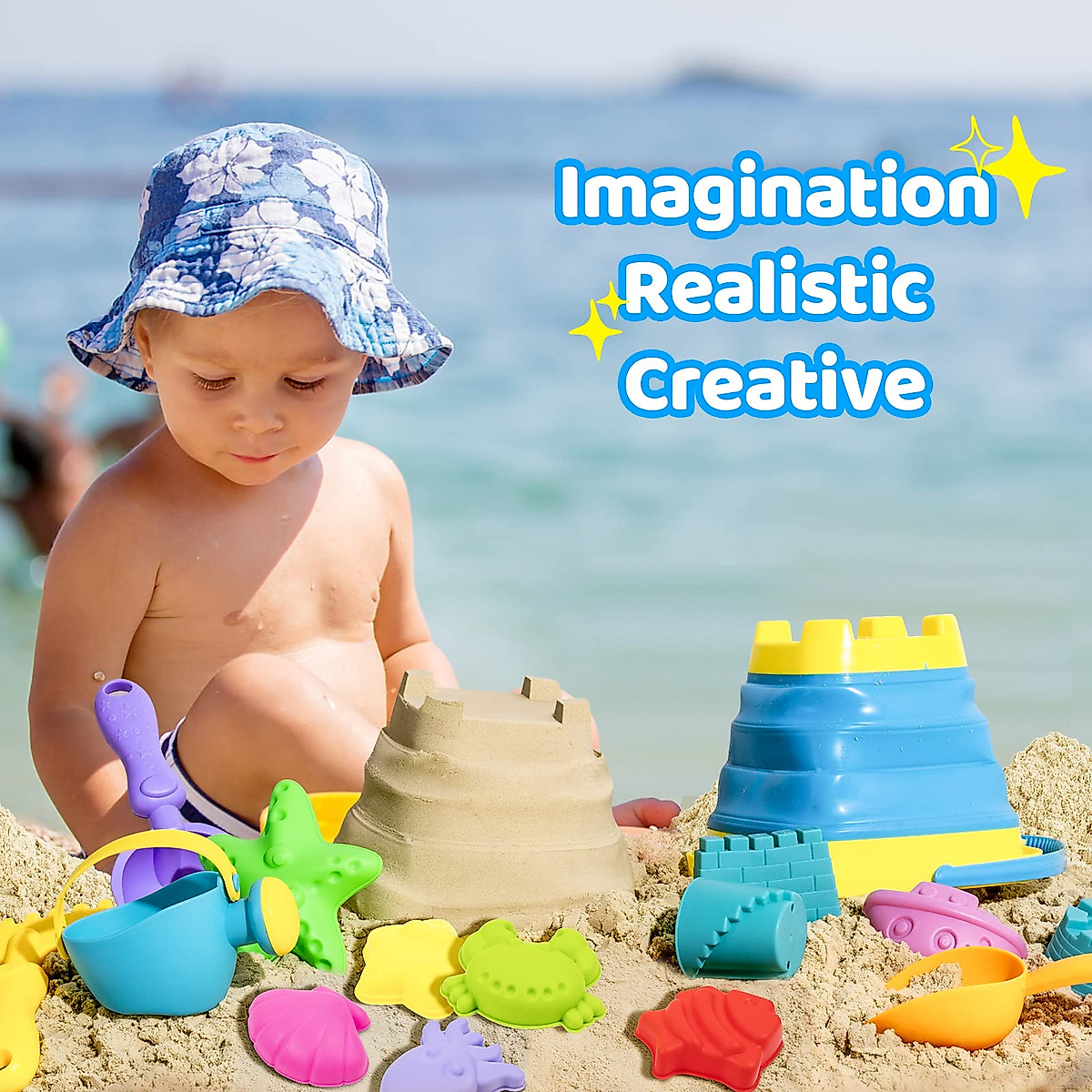 Beach Toy Sand Toy Set for Kids Silicone Foldable Sand Bucket with Summer Mesh Bag, Shovel, Rake, Watering Can, Animal and Castle Sand Molds for Children Outdoor Sandbox Toys for Toddlers Age 3-10