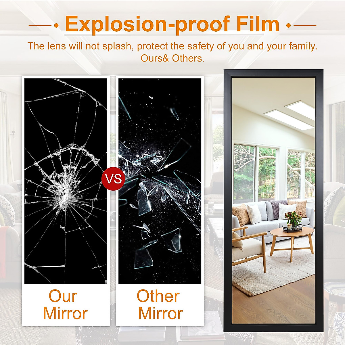 PexFix Door Mirror Full Length 51"x18" Over The Door Rectangle Sleek Black Frame Space Saving Floor Mirror Dressing Hanging Wall Mounted Mirror (US-MHJ002-BK+USAM019)