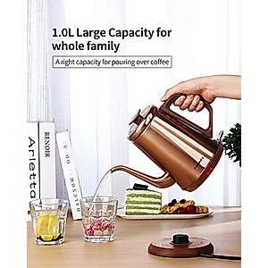DmofwHi 1000W Gooseneck Electric Kettle (1.0L),100% Stainless Steel BPA Free Tea Kettle with Auto Shut - Off Protection, Pour Over Coffee Kettle -Copper
