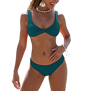 ZAFUL Ribbed Twisted Front Bikini Set for Women Cute Scoop Neck Textured Two Piece Swimsuits Sport Tank Bathing Suit(Deep Green,M)