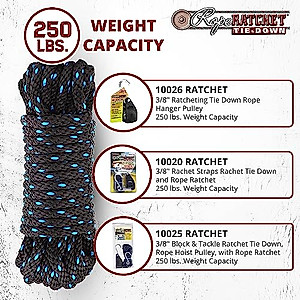 Rope Ratchet 3/8", 50 ft Solid Braided Polypropylene Rope, Heavy Duty, All Purpose, Utility Cord Tie Down Rope for Camping, Tie, Pull, and Knot, Indoor and Outdoor Use - Black with Blue Tracers