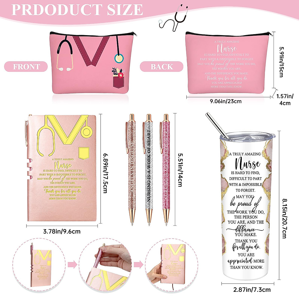 Domensi 6 Pcs Nurse Week Appreciation Gifts for Women Medical Nursing Assistant 20 oz Marble Sign Tumbler Makeup Bag Notepad with Ballpoint Pen for Graduation Nursing Student(Pink)