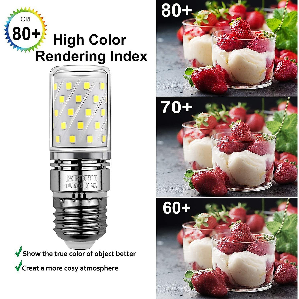 BHCH E26 LED Corn Bulbs 12W,6000K Daylight White,1200LM,Edison Screw Bulbs,100W Incandescent Bulbs Equivalent,Pack of 4