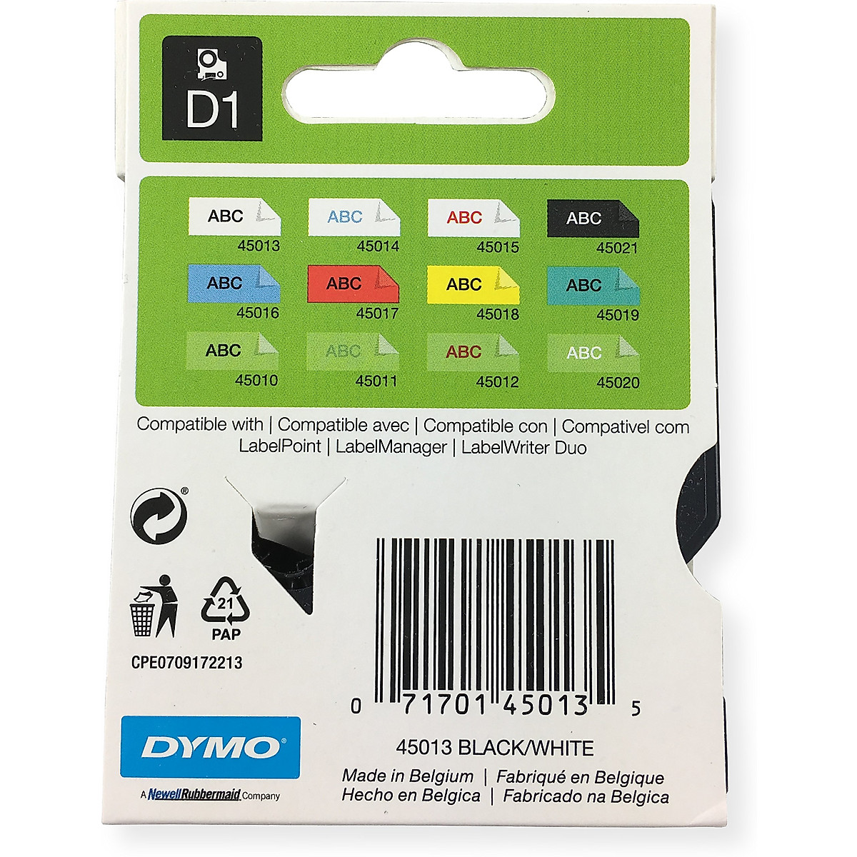 Dymo D1 Standard Tape Cartridge, 1/2in x 23ft, Black on White Tape Cartridge, Pack of 6
