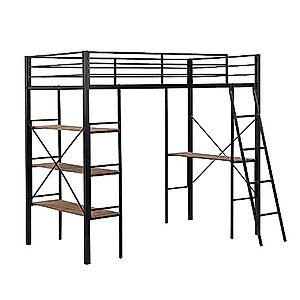 Metal Loft Bed Twin Size, Twin Loft Bed with Desk and 3-Tier Storage Shelves, Twin Loft Bed with Ladder and Full-Length Guardrail, Twin Size Loft Bed for Kids, Teens, Adults, Black Loft Bed with Desk