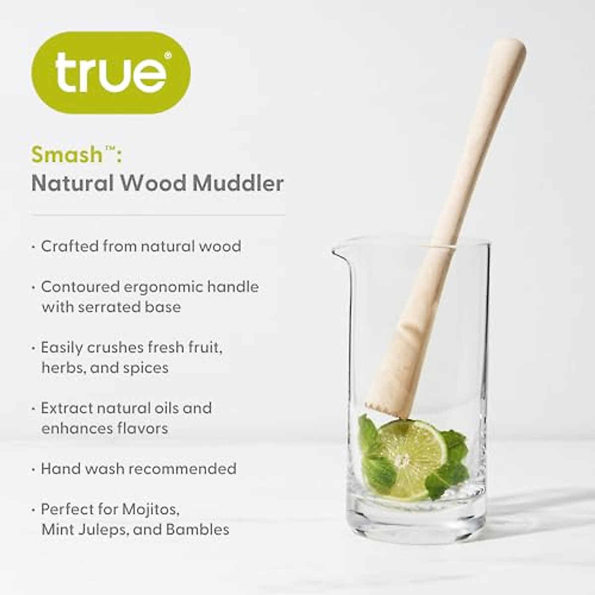 True Smash Natural Wood Muddler, Bar Cart and Cocktail Accessory, Craft Cocktail Tools, Bar Tool, 9"