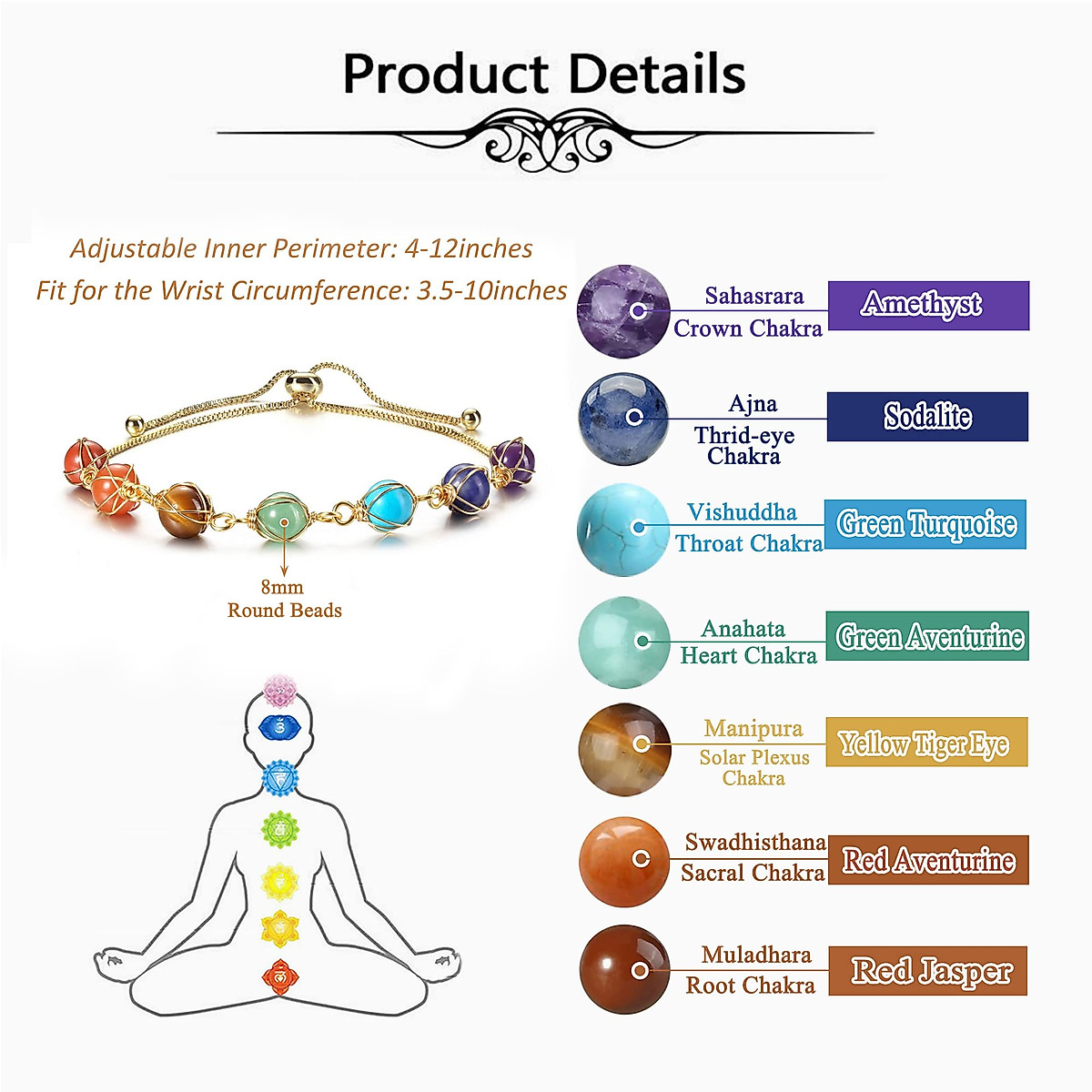 Top Plaza Healing Crystal Stone Chakra Bracelets Adjustable 14K Gold Plated Ankle Bracelets Jewelry for Women Ladies Christmas Birthday Gifts