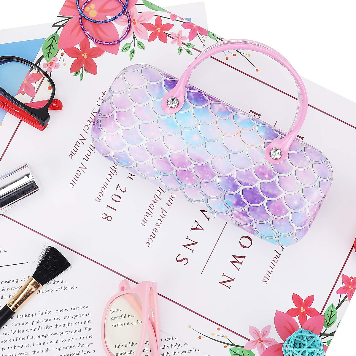 Hifot Mermaid Hard Eyeglass Case, Makeup Storage Bag Portable Sunglasses Pouch with Handle