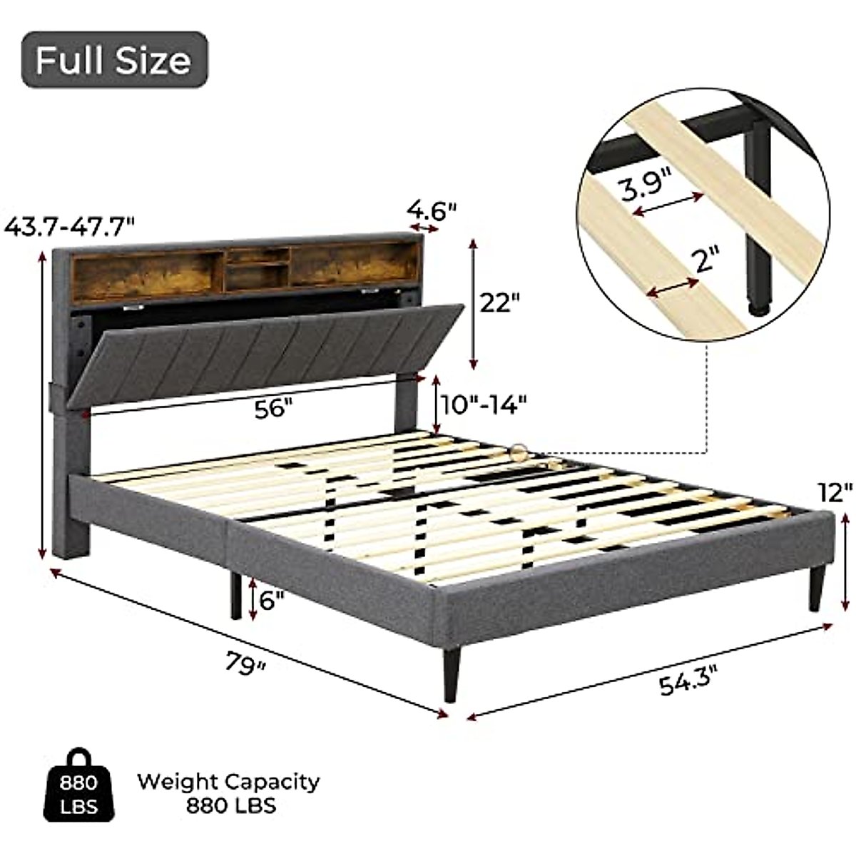 Tiptiper Full Size Bed Frame with Outlets, Platform Bed Frame with Storage Headboard and Height Adjustable, Fabric Upholstered Bed with Wooden Slat Support, No Box Spring Needed, Dark Grey