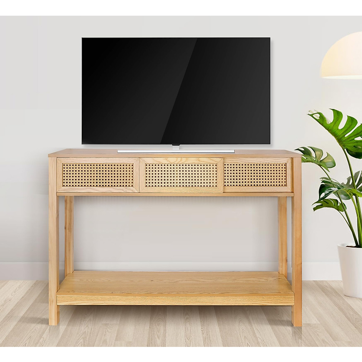 Long Console Table, Console Tables for Entryway, Rattan Entry Table Narrow Wood Console Table with Storage, Modern Couch Table Hallway Table Boho Sofa Table for Living Room