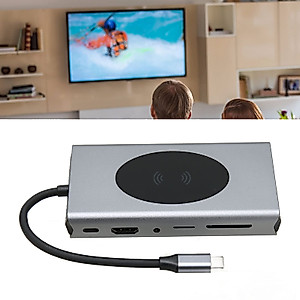 13 in 1 USB C Hub, USB C Splitter, Type C to HD Multimedia Interface VGA 5 X USB3.0 Memory Card Storage Card RJ45 PD AUDIO3.5 Wireless Charging 10W, Gray