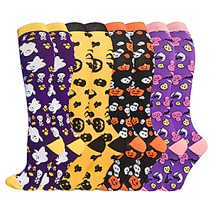 Halloween Compression Stockings for Women Men, 4 Pair Long Halloween Socks 20-30 mmHg for Running, Cycling, Pregnant