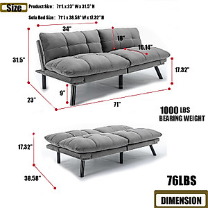 Modern Velvet Convertible Folding Futon Couch Sofa Bed Adjustable Pillow Top Arm Memory Foam Couch Double Loveseat Sofa for Compact Living Space,Dorm,Game Studio,Apartment,Bedroom (Light Grey)