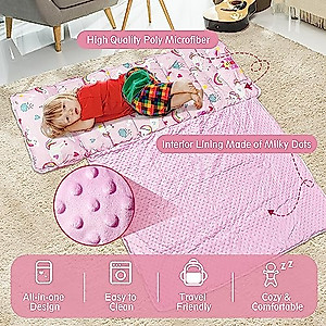 LIDEMA Toddler Nap Mat with Pillow and Blanket, Cozy and Durable Toddler Nap Mat for Daycare and Preschool, Travel and Camping, 22.1" x 55.1", Lightweight and Soft Sleeping Bags for Kids - Pink
