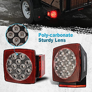 Partsam 12V Waterproof Square LED Trailer Tail Light Kit Clear Lens Red Trailer Brake Stop Tail Turn Signal Running Lights License Kit for Camper Truck RV Boat Trailer Snowmobile Marine Under 80"