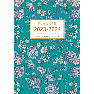 Planner July 2023-2024 June: A4 Large Notebook Organizer with Hourly Time Slots | Vintage Flower Leaf Design Teal