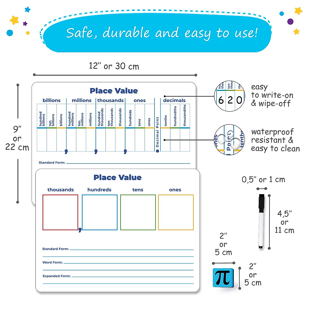 6-Pack Place Value Dry Erase Lap Boards - 9"x12", Individual Whiteboards for Students Classroom Pack, Personal Student Whiteboards, Place Value Chart, Math Teacher Classroom Supplies, Simply Magic