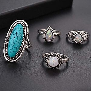 SOURBAN 8 Pcs Imitation Turquoise Finger Rings Set Women Vintage Hollow Wide Party Wedding Rings