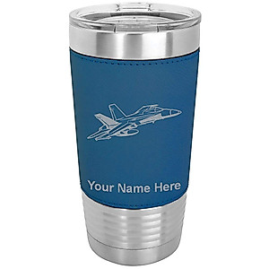 LaserGram 20oz Vacuum Insulated Tumbler Mug, Fighter Jet 2, Personalized Engraving Included (Faux Leather, Blue)