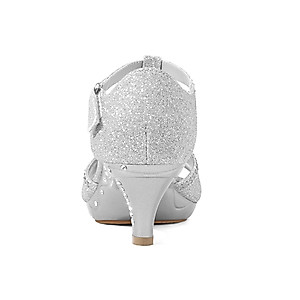 DREAM PAIRS Girls Low Heel Dress Pump Sandal Ankle T Strap Flower Silver - 2 Little Kid
