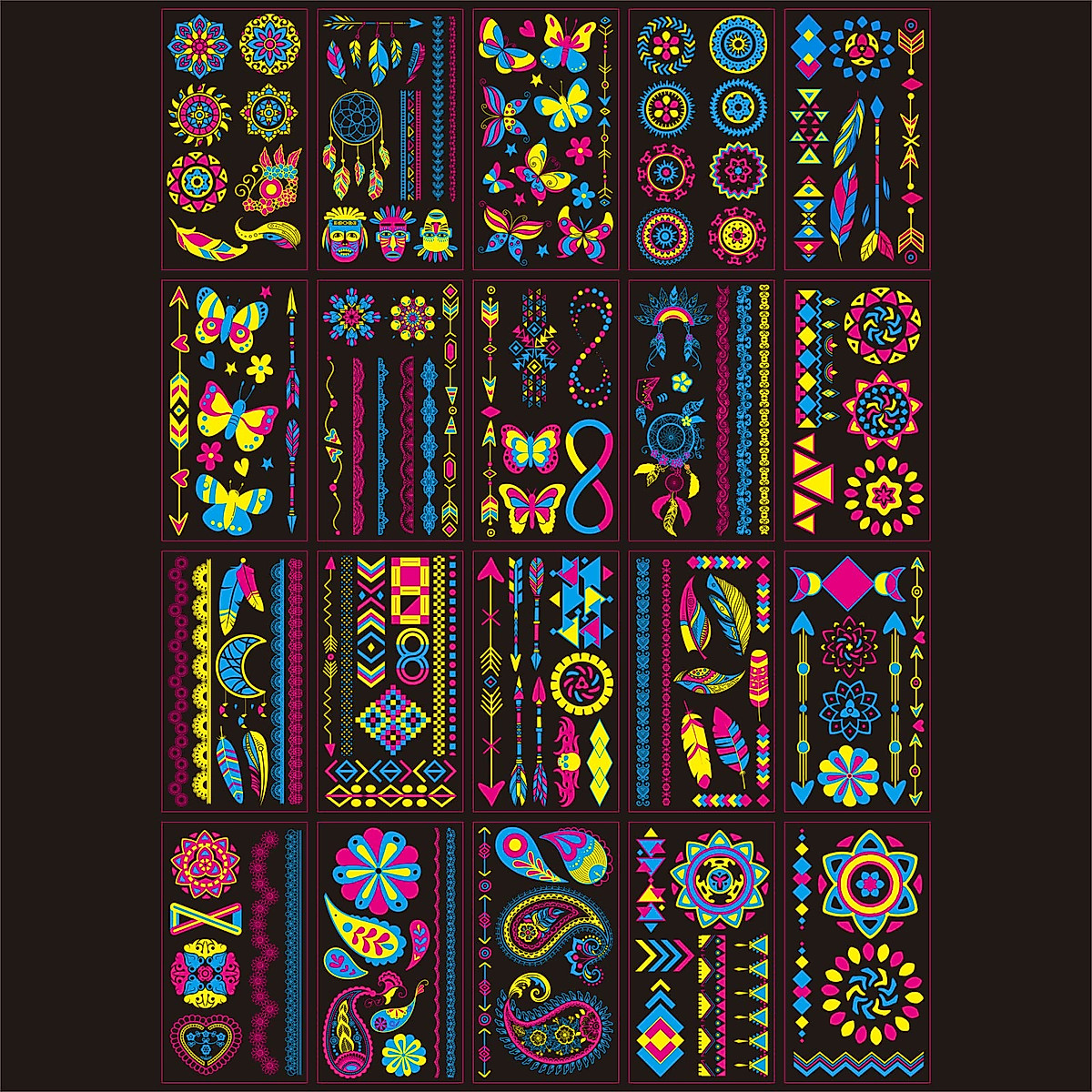 160 PCS Glow in The Dark Temporary Tattoos - Neon UV Blacklight Reactive Light Face Flash Tattoo Stickers,Festival Accessory Party Favors Supplies,Temp Great for EDM EDC Party Rave Parties 20 Sheet