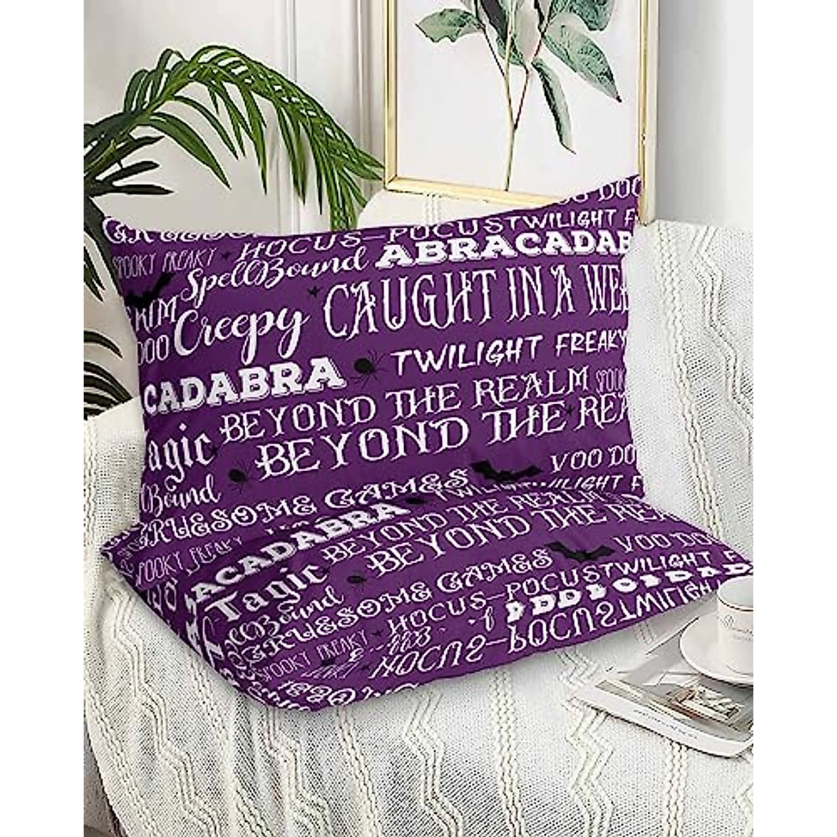 Edwiinsa Halloween Pillow Covers Standard Size Set of 2 Bed Pillow, Rustic Black Bat White Words Purple Plush Soft Comfort for Hair/Skin Cooling Pillowcases with Envelop Closure 20''x26''