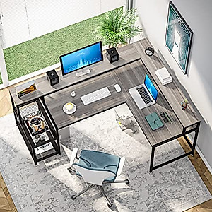 Tribesigns 69 Inch L Shaped Desk with Monitor Stand, Large Reversible Corner Desk with Storage Shelf, Industrial Computer Table Writing Desk for Home Office, Gray