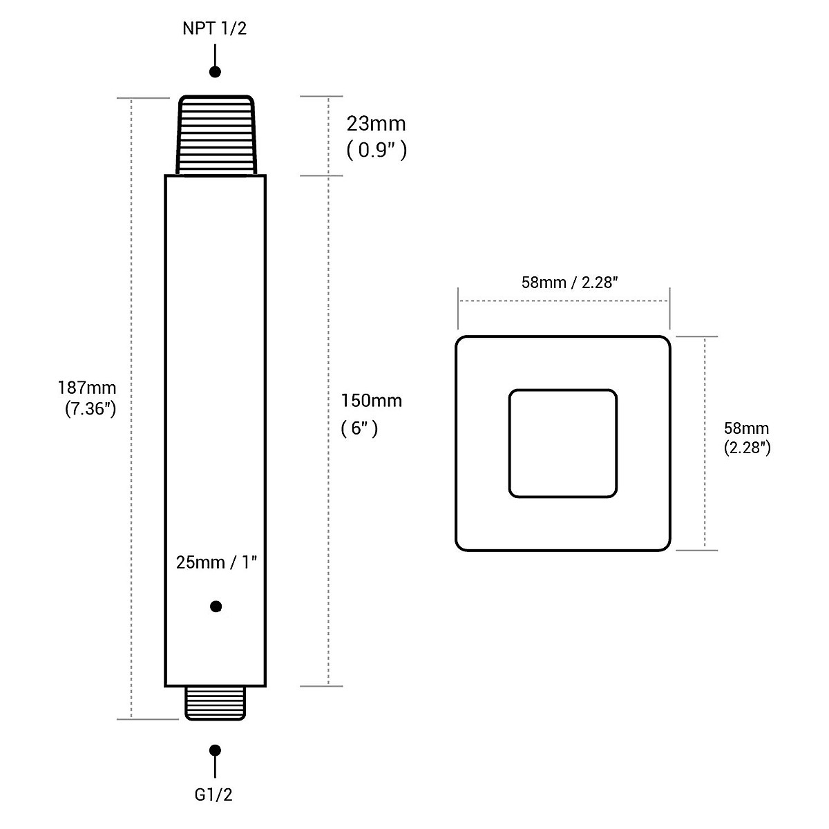 Black Shower Arm with Flange Square Ceiling Mounted Extension Pipe for Rainfall Shower Head, 6 Inches