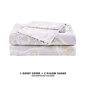INTELLIGENT DESIGN Reversible 100% Cotton Sateen Duvet - Breathable Comforter Cover, Modern All Season Bedding Set with Sham (Insert Excluded), Tanet, Flower Grey King/Cal King(104"x90")