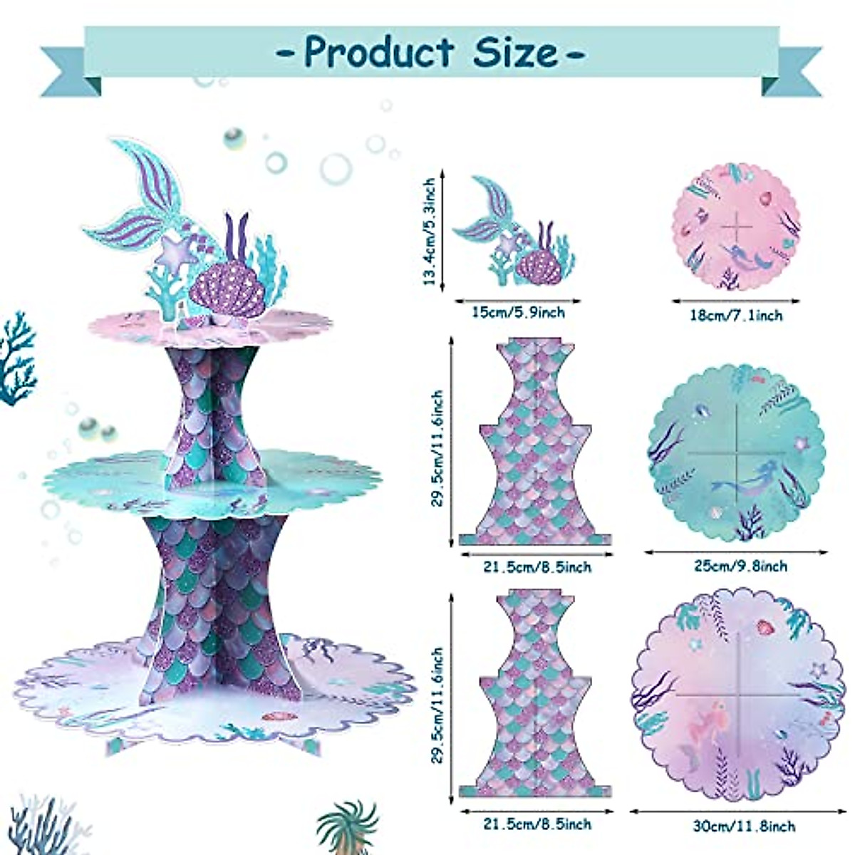 Mermaid Cake Stand 3 Tier Mermaid Party Supplies Mermaid Tail Cupcake Stand Holder for Girls Under The Sea Mermaid Theme Party Baby Shower Birthday Party Favors