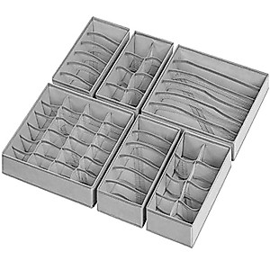 6 Pack Sock Underwear Drawer Organizer Dividers, 58 Cell Foldable Fabric Dresser Closet Organizers and Storage Bins for Clothing, Baby Clothes, Bra, Panty, Scarf, Ties (Grey)