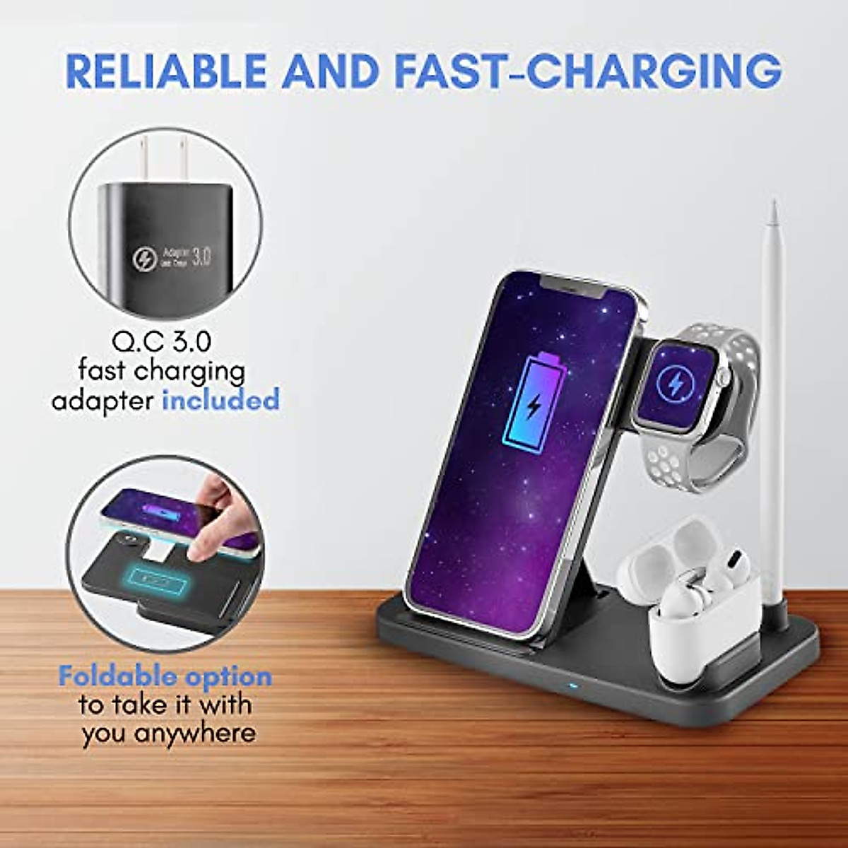 C&Berg 4 in 1 Charging Station Apple, 15W Fast Charger Portable Dock Stand, Compatible w/Qi-Certified Devices, iPhone 13/13 Pro/12/12 Pro/SE/11/X NoteS8/9/10, iWatch, Airpods & Apple Pencil 3 in 1