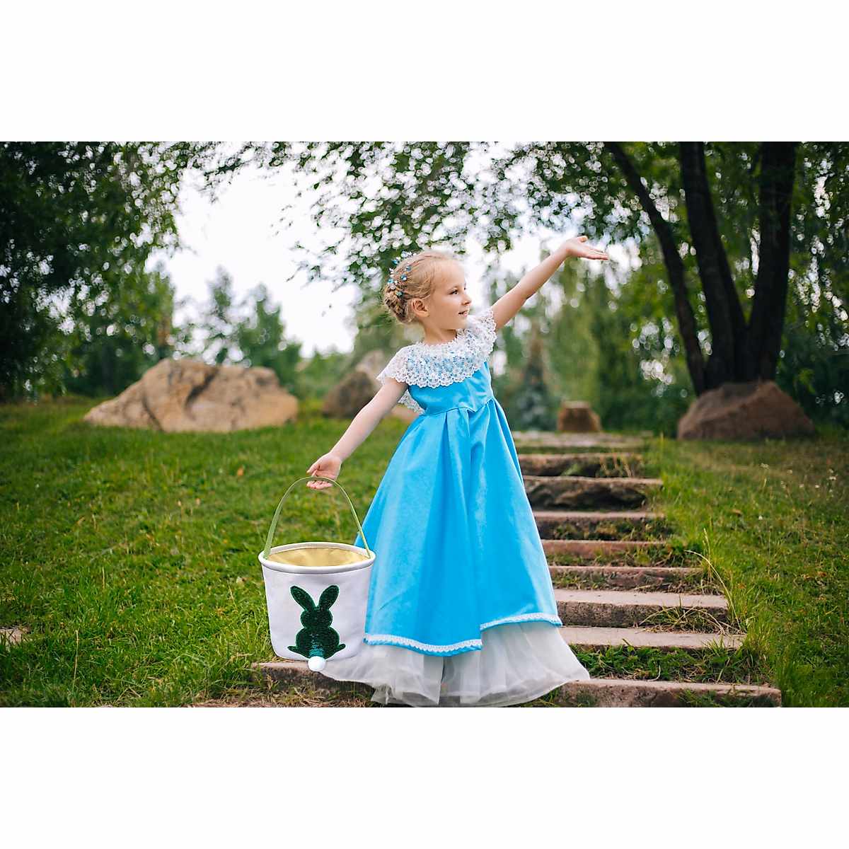 Jolly Jon Easter Bunny Basket Bag - Purple to Silver Sequin Colors - Kids Easter Egg Hunt Baskets - Color Changing Reusable Party Bags - Rabbit with Cotton Tail Canvas Tote