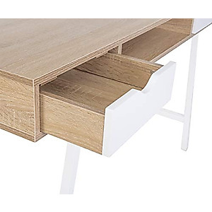 JJS Home Office Writing Desk with Drawers, Modern Computer Study Wooden Desk Table Laptop PC Workstation with Storage, Mid Century White Oak