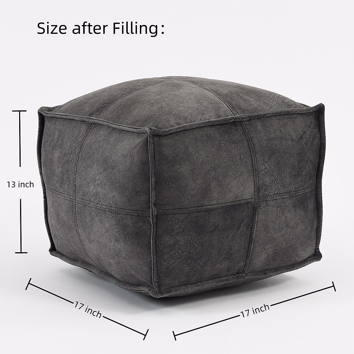 C COMFORTLAND Square Ottoman Pouf (No Filler), Faux Leather Poofs, Ottomans Foot Rest, Floor Foot Stools, Unstuffed Bean Bag Poufs Cover with Storage for Living Room, Bedroom Dark Grey