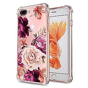 KIOMY iPhone 7 Plus 8 Plus Case Women Flowers Floral Pattern Bumper Shockproof Protective Back Cover Flexible Slim Fit Soft TPU Rubber Silicone Cell Phone Cases Clear with Cute Purple Rose Design Girl