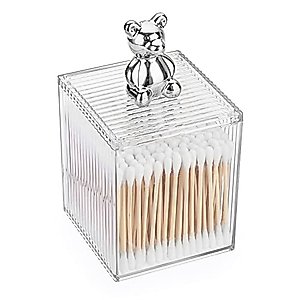 Hipiwe Acrylic Qtip Holder with Bear Lid - Clear Cotton Swab Holder Bathroom Organizer Containers Q-tip Dispenser Apothecary plastic Jar for Cotton Ball, Cotton Rounds, Cotton Pads
