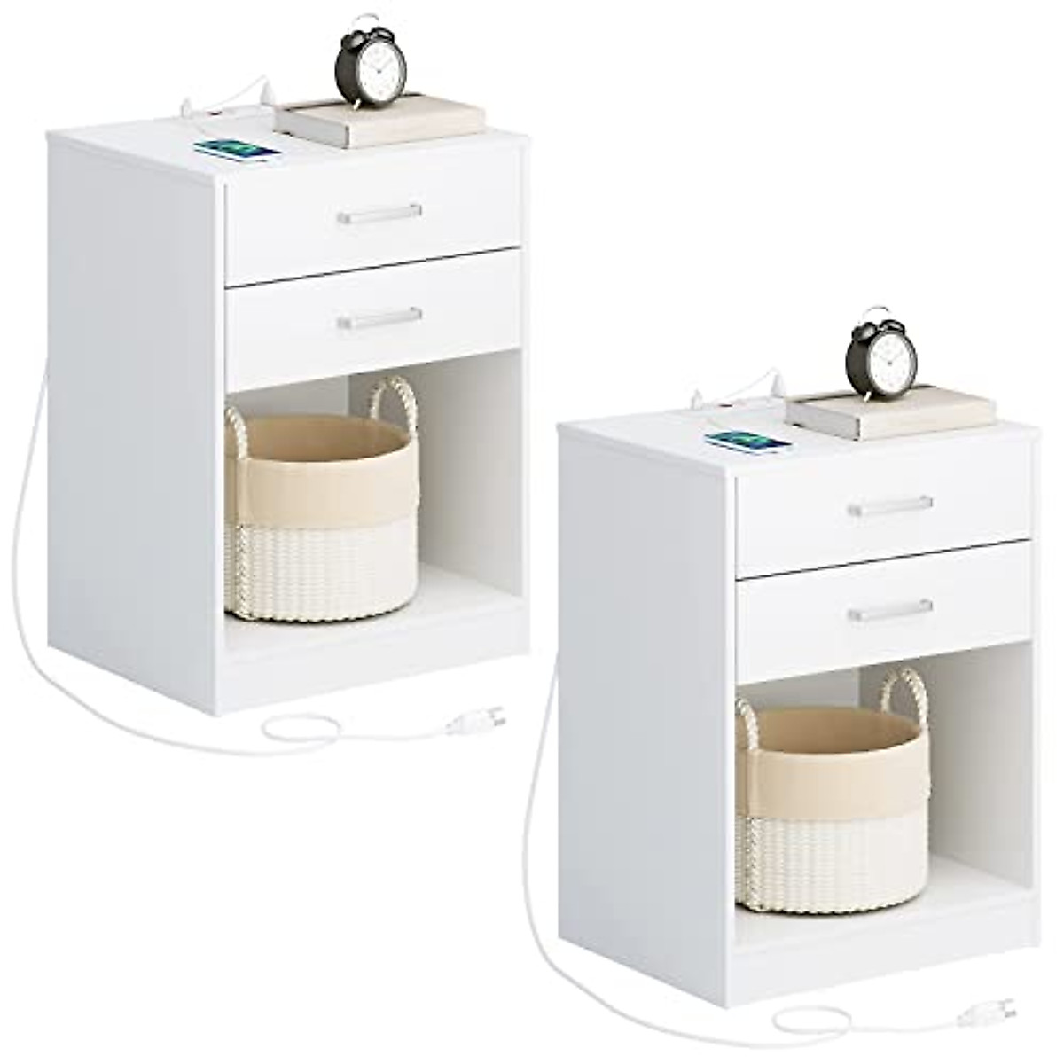 Tiptiper Nightstand Set of 2 with Charging Station, White Night Stands for Bedroom, End Table Side Stand Cabinet, Bedside Table with Drawers
