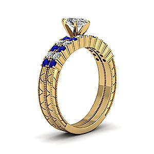 Gemsonclick Petite Vintage Diamond Wedding Set yellow gold plated Created Blue Sapphire Marquise shape Blue color Wedding Ring Sets prong Setting in Size 12 Casual Wear for Gift