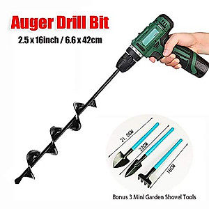 GreatforU Auger Drill Bit, Non-Slip 2.5" x 16" Garden Plant Flower Bulb HEX Shaft Auger, Earth Auger Spiral Bit, Post or Umbrella Hole Digger for 3/8" Hex Drive Drill, Free 3 Gardening Shovel Tools