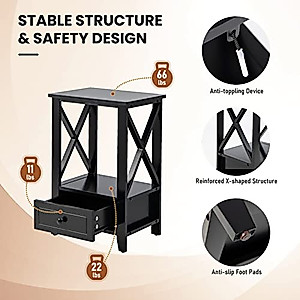 UIIAIOUIAIO 2-Tier Accent Nightstand with Storage Drawer, Farmhouse Wood End Table Bedside Table Sofa-Side Accent Table for Living Room Bedroom(Black)