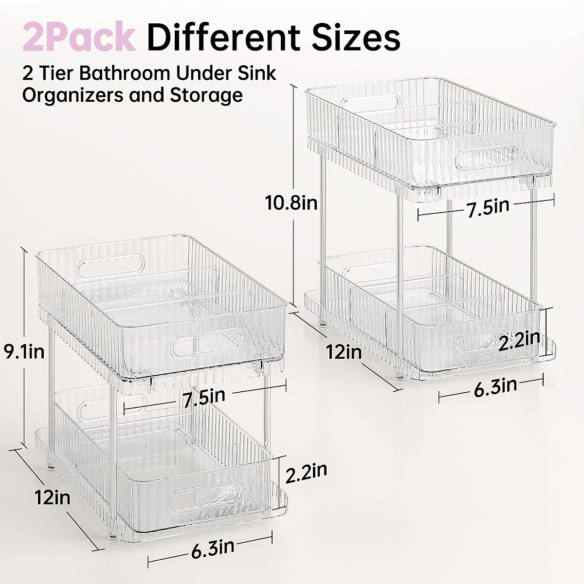 Delamu Bathroom Under Sink Organizers and Storage, Snap-Lock Pull Out Bathroom Medicine Cabinet Organizer,Multi-Purpose Kitchen Pantry Organizer and Storage with Movable Divider (2)