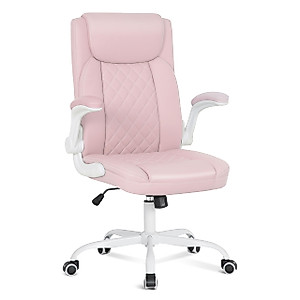 Misolant Big and Tall Office Chair, High Back Office Chair with Flip Up Armrest, PU Leather Office Executive Chair, Computer Desk Chair with Rocking Function Pink