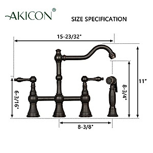 Two-Handles Bridge Copper Kitchen Faucet with Side Sprayer 8-3/8 Inch High Arc - Including 5Years Warranty Akicon 96718(Oil Rub Bronze)